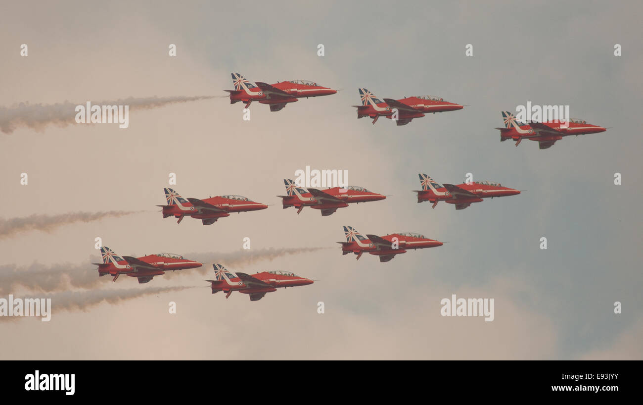 Red Arrows in diamond formation over Cardiff Bay during the 2014 NATO ...