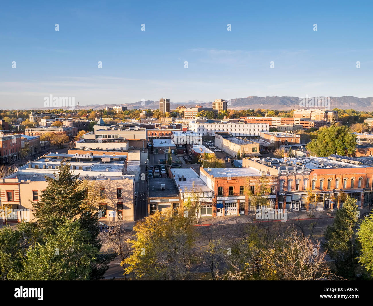 aerial view of Fort Collins downtown in sunrise light, shot from a low ...