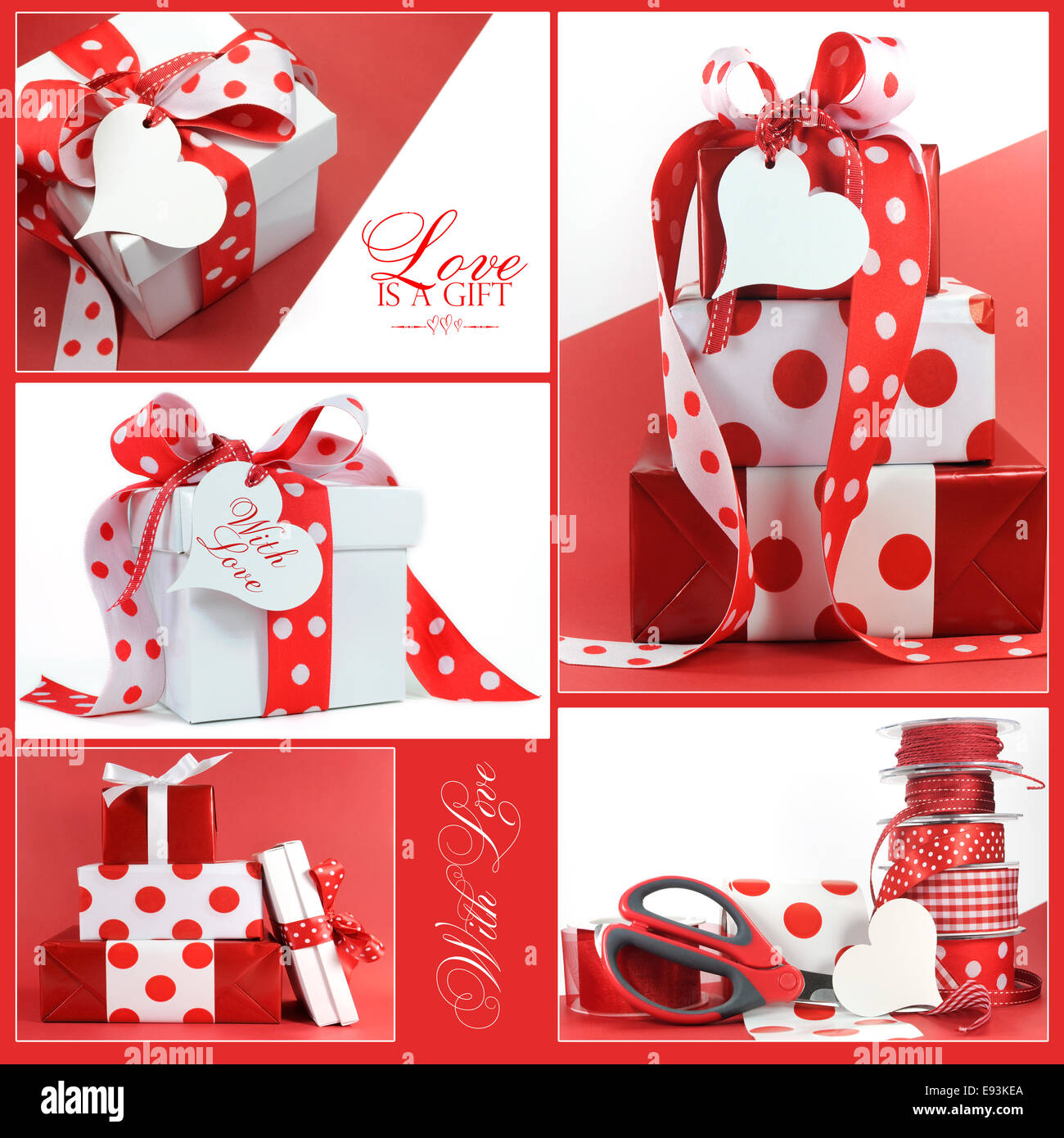 Collage of five red and white polka dot holiday gifts with sample text ...