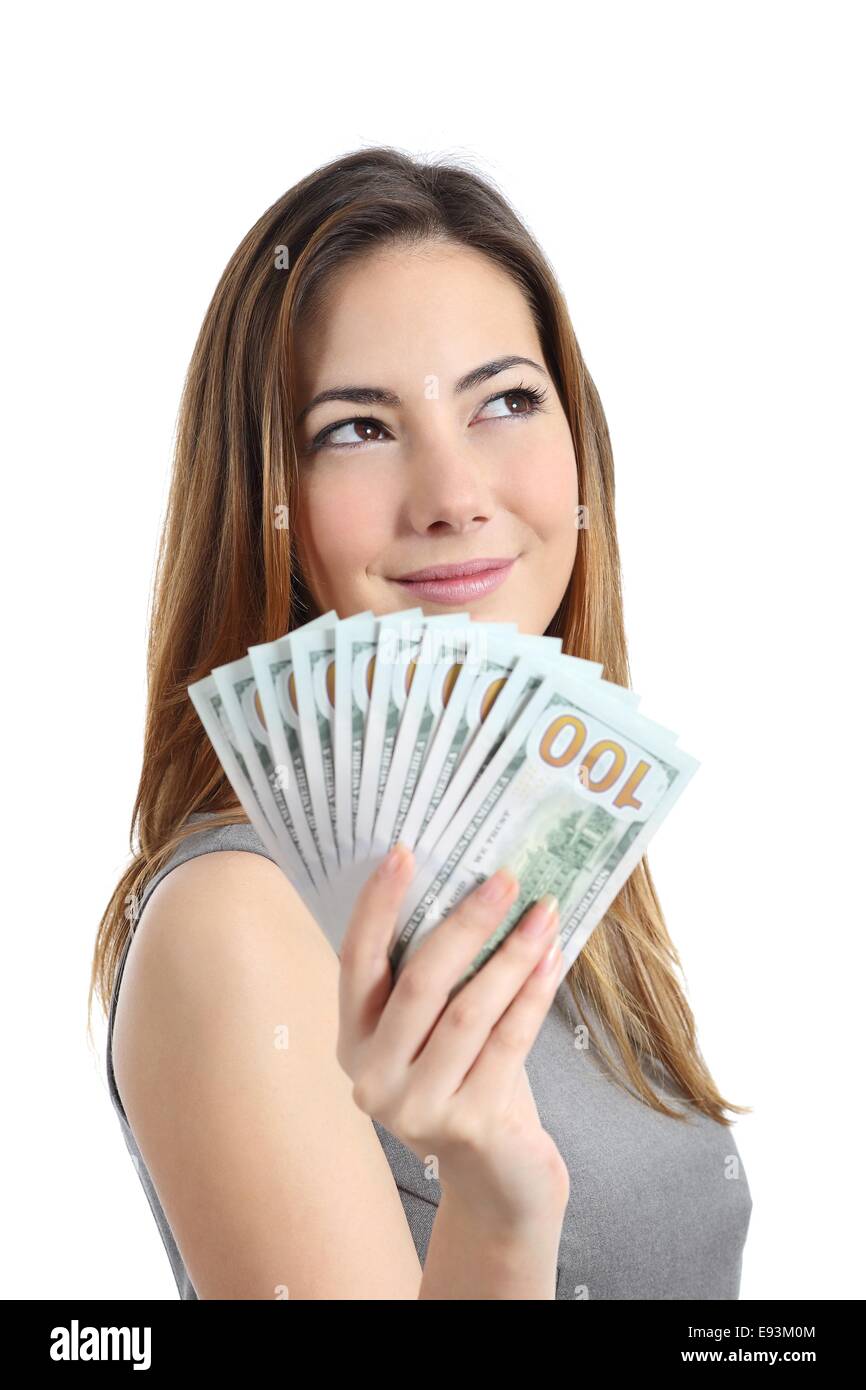 Lottery winner woman thinking what to do with money isolated on a white ...