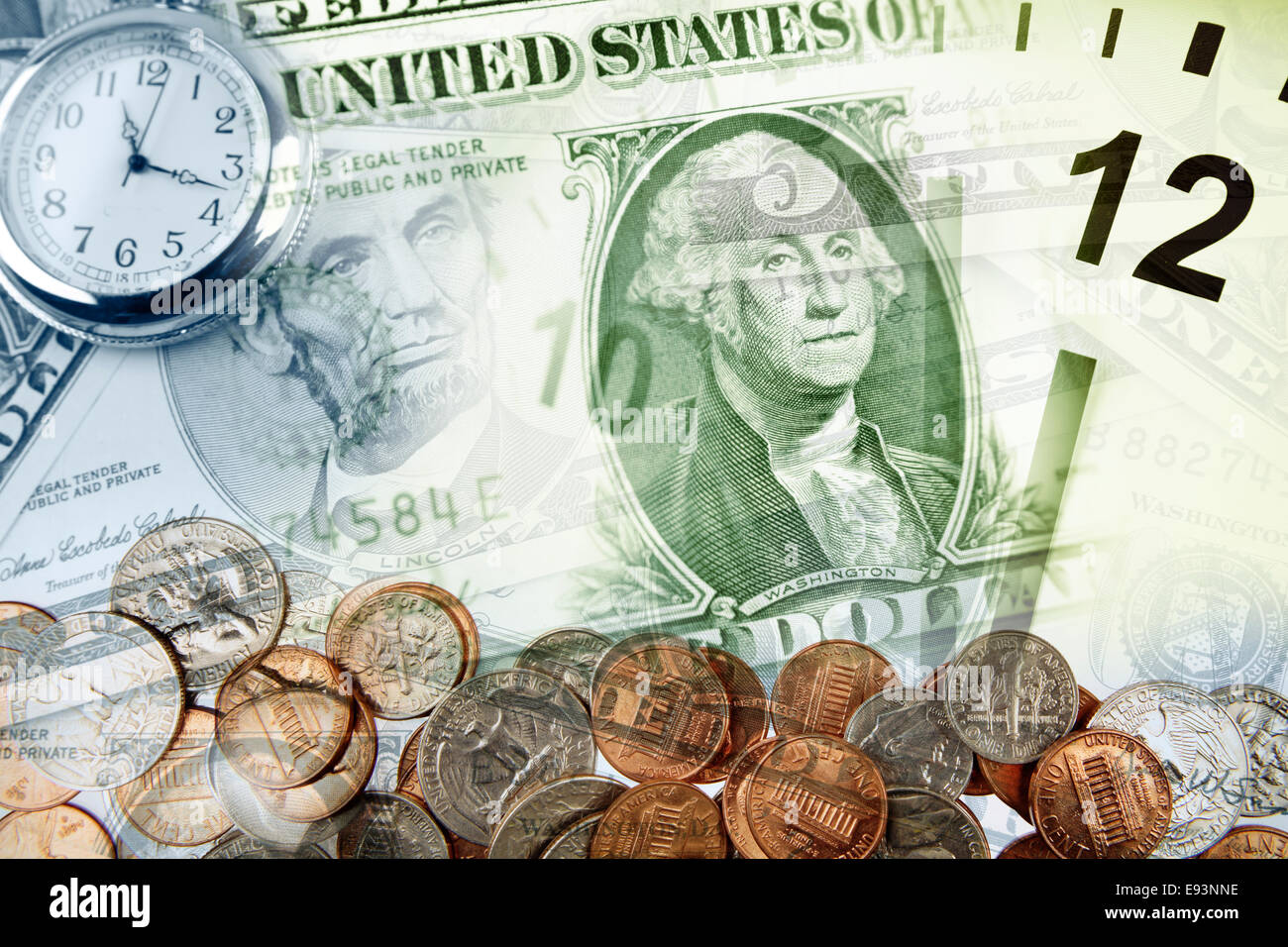 Clocks, coins and American currency. Time is money concept Stock Photo ...