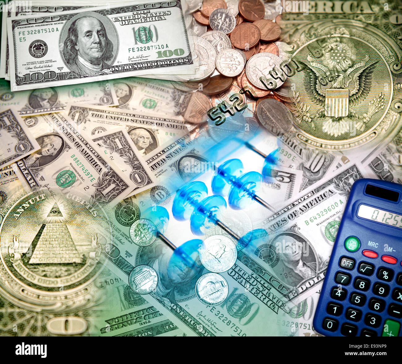 Assorted American currency, abacus and calculator Stock Photo - Alamy