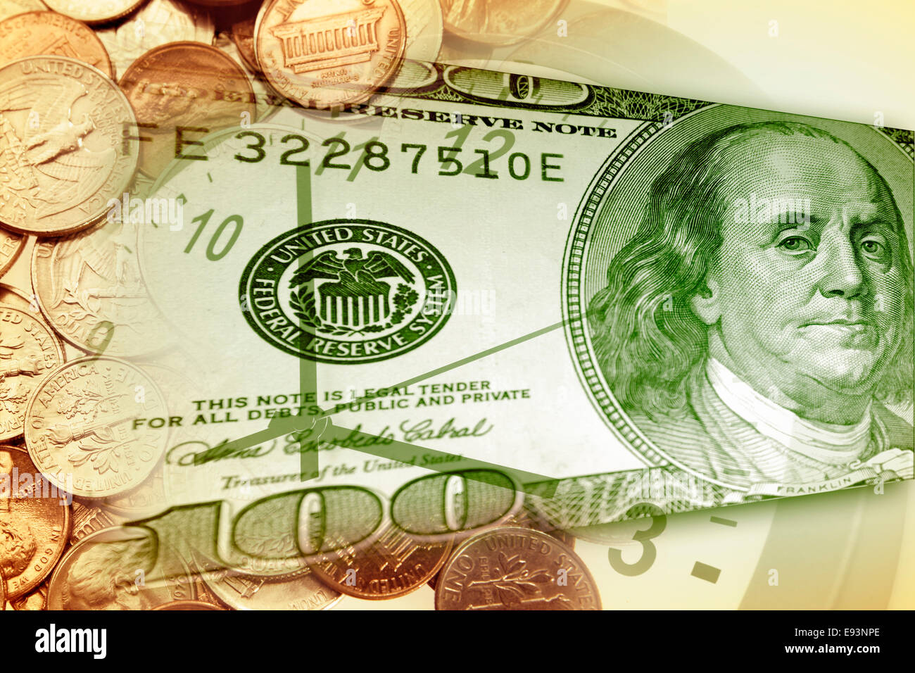 Clock and American currency. Time is money concept Stock Photo - Alamy