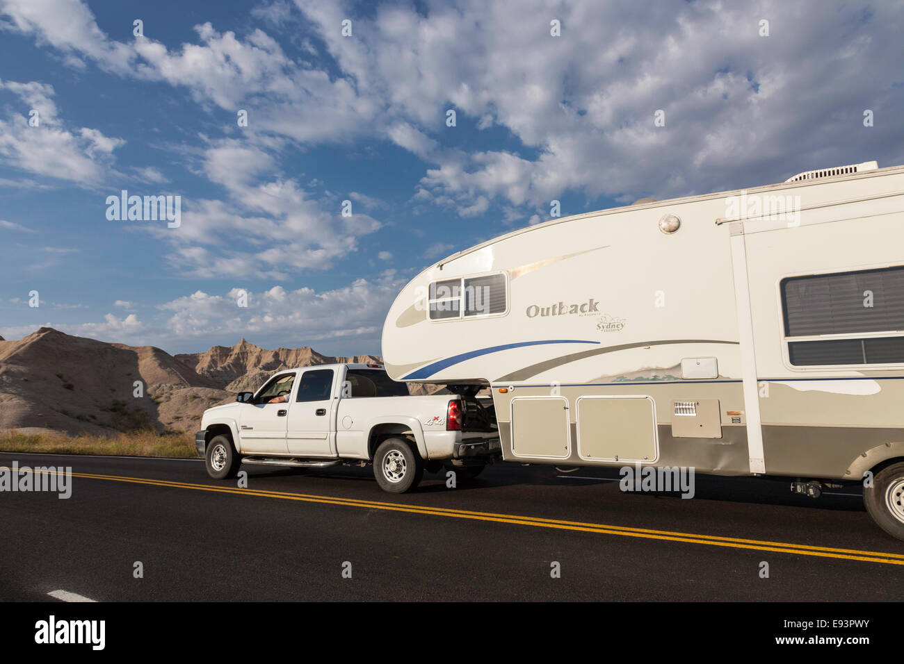 Motion Blur of Pick-up Truck Pulling a Recreational Trailer, Badlands ...