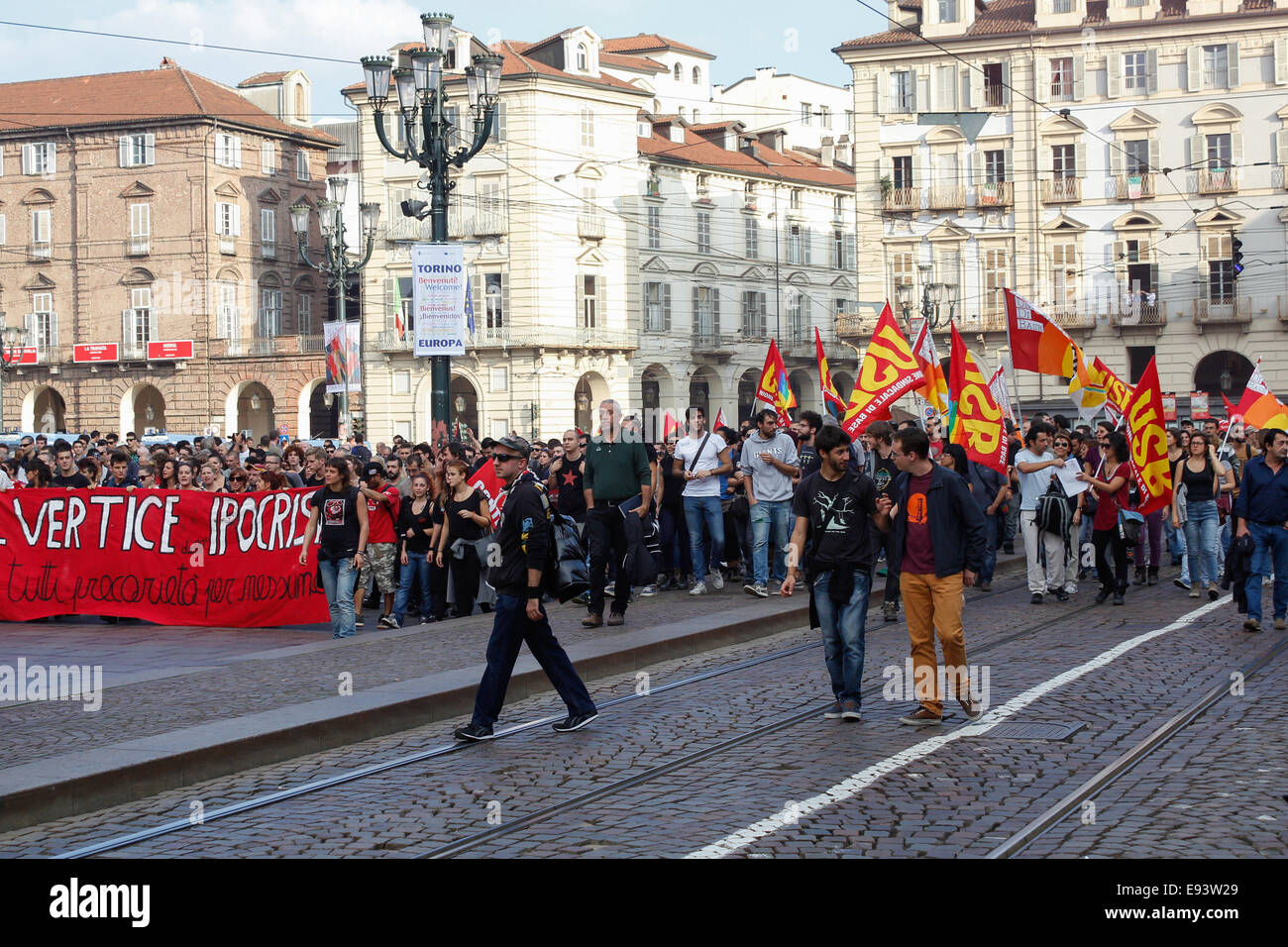 Turin, Italy. 18th Oct, 2014. About 300 protesters, comprised of ...