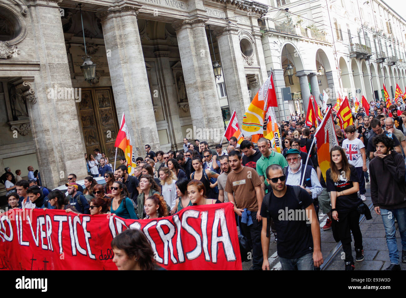 Turin, Italy. 18th Oct, 2014. About 300 protesters, comprised of ...