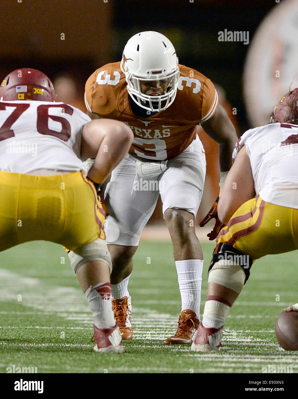 Texas, US. 18th Oct, 2014. Jordan Hicks #3 of the Texas Longhorns in ...