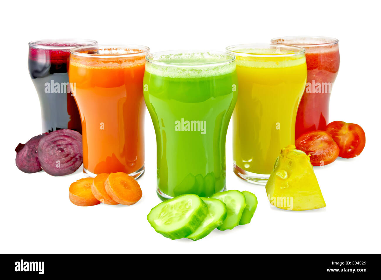 Juice vegetable in five glasses with vegetables Stock Photo - Alamy