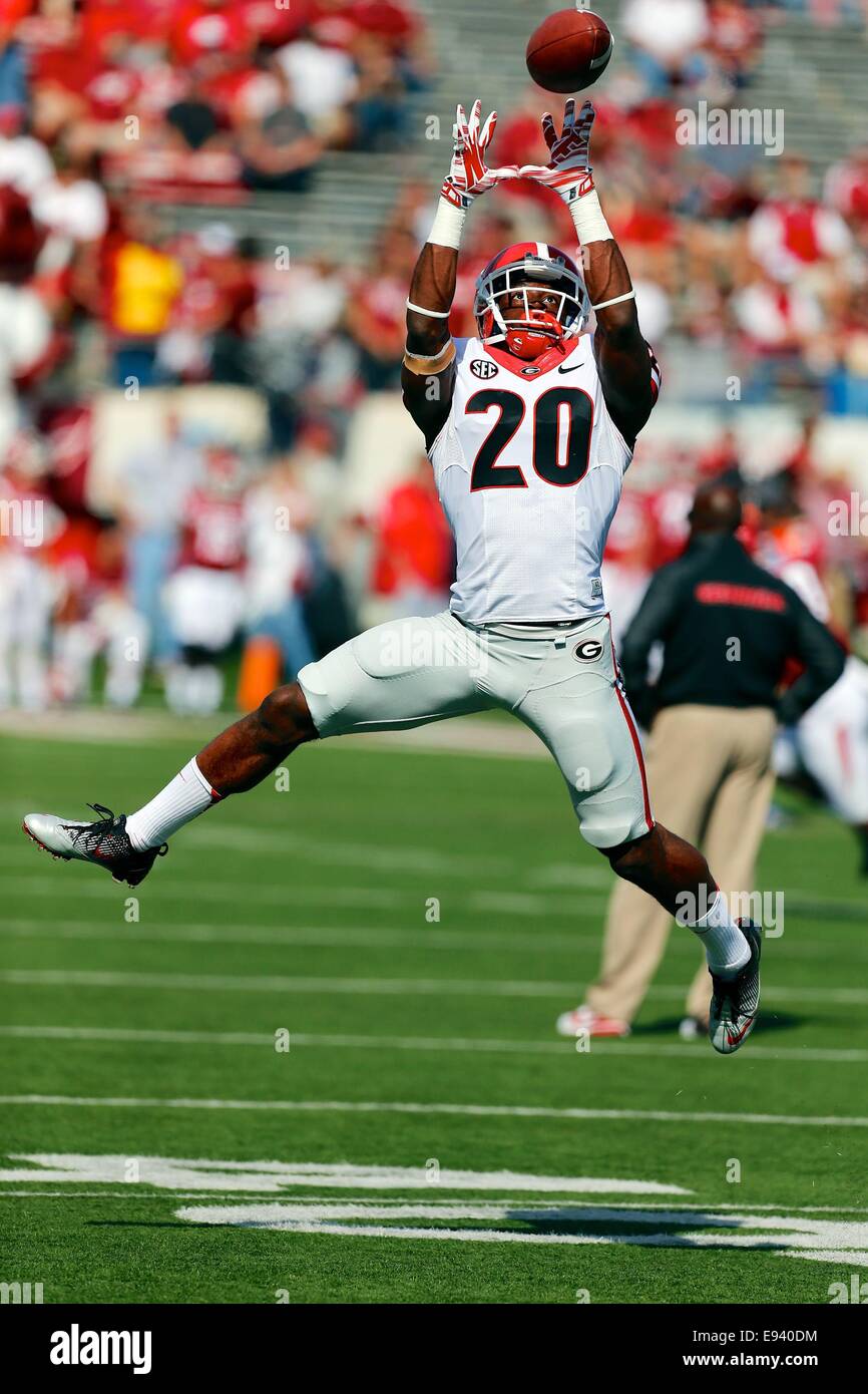 Little Rock, AR. 18th Oct, 2014. Bulldog safety Quincy Mauger #20 jumps ...