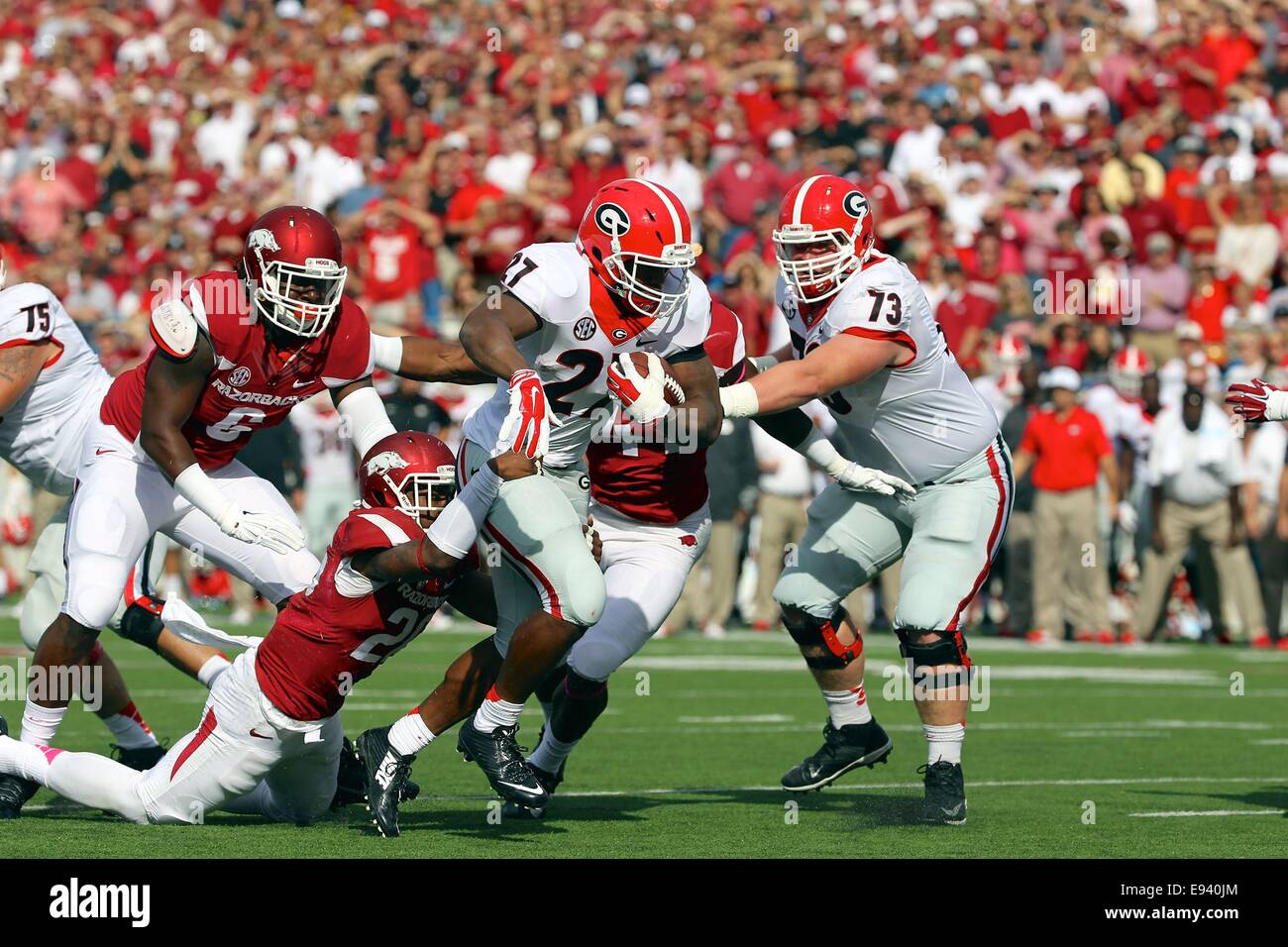 Little Rock, AR. 18th Oct, 2014. Bulldog running back Nick Chubb #27 ...