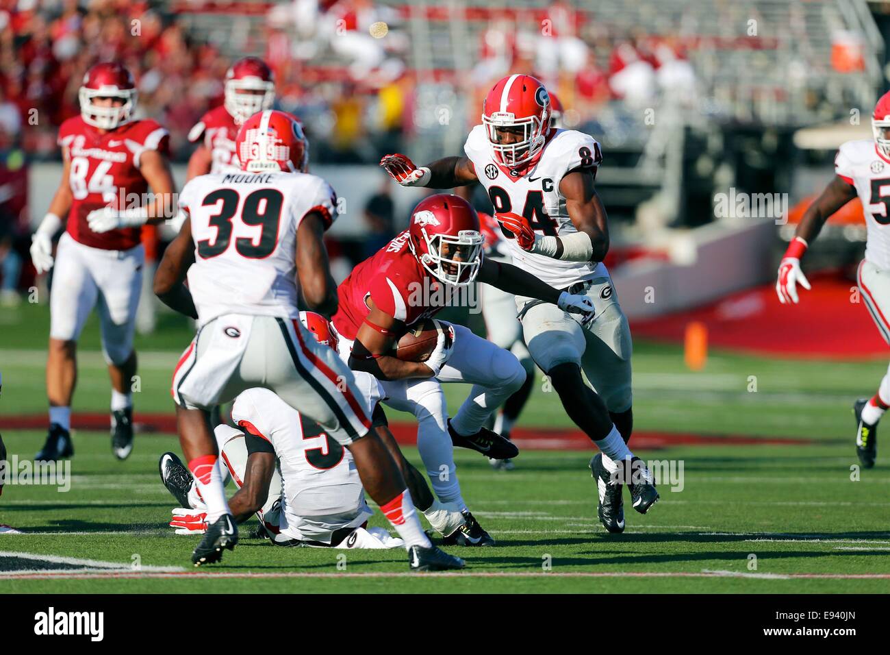 Little Rock, AR. 18th Oct, 2014. Georgia defender Leonard Floyd #84 ...