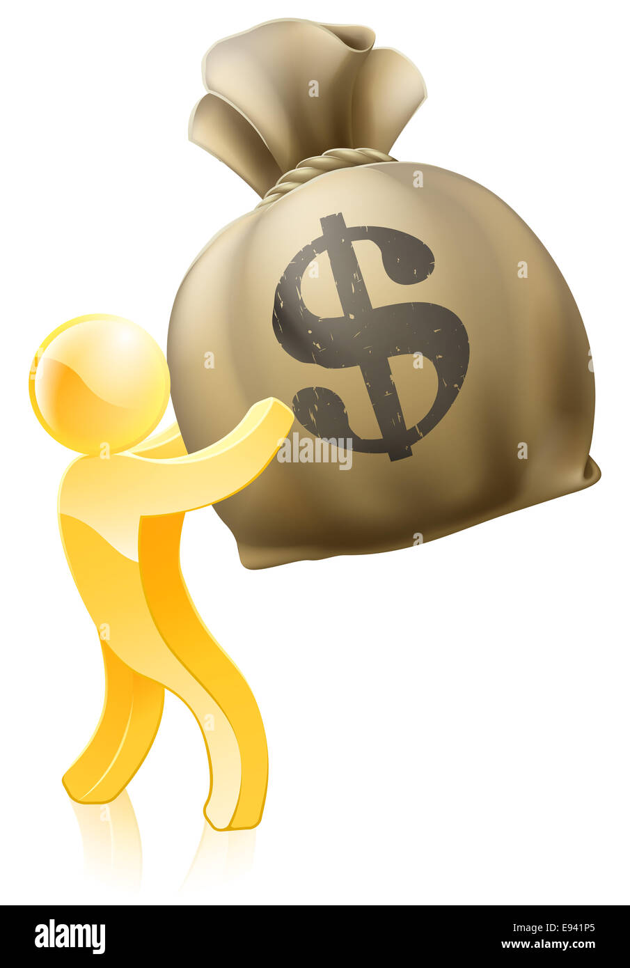 A gold person mascot holding a giant money sack with a dollar sign on ...