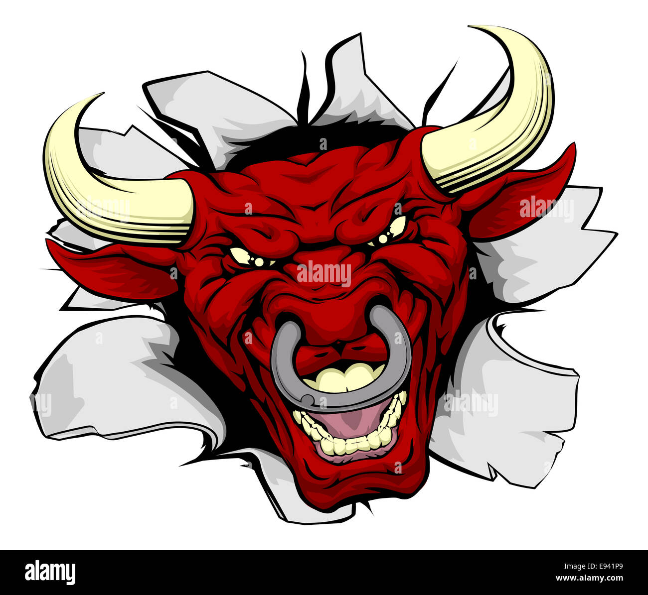 Red bull sports mascot or character smashing out of background Stock ...