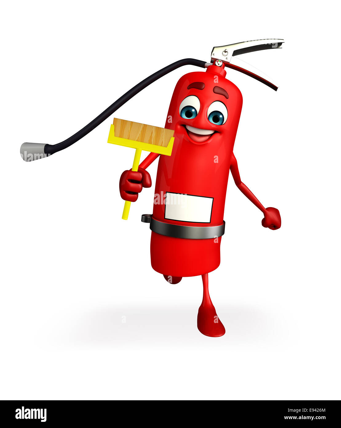 Cartoon Character of fire extinguisher with Cleaning mop Stock Photo ...