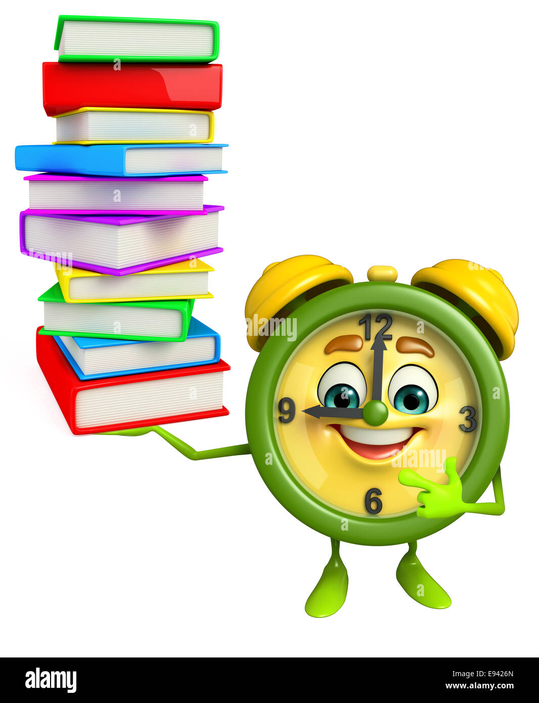 Cartoon Character of table clock with pile of books Stock Photo - Alamy