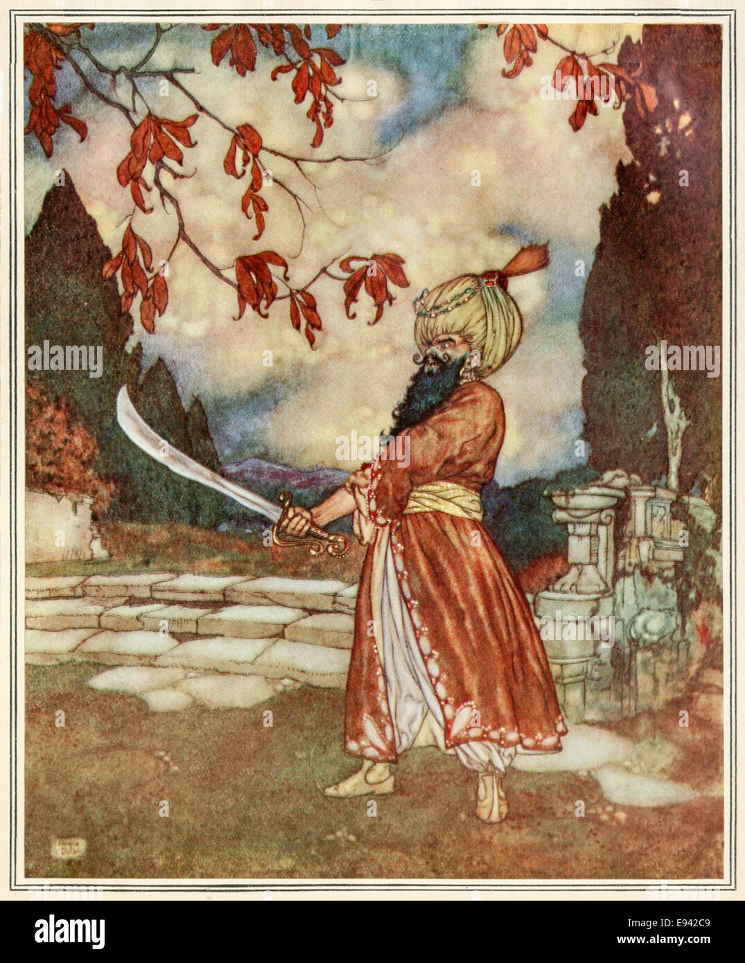 Blue Beard with his saber about to kill his daughter Fatima, from the ...