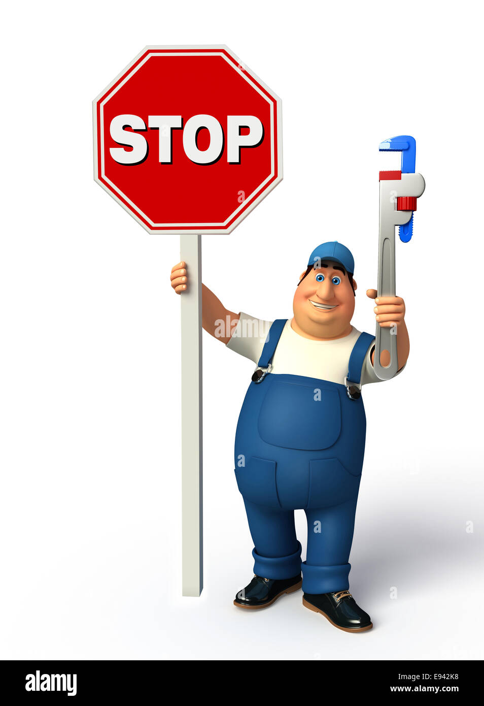 Illustration of young plumber with stop sign Stock Photo - Alamy