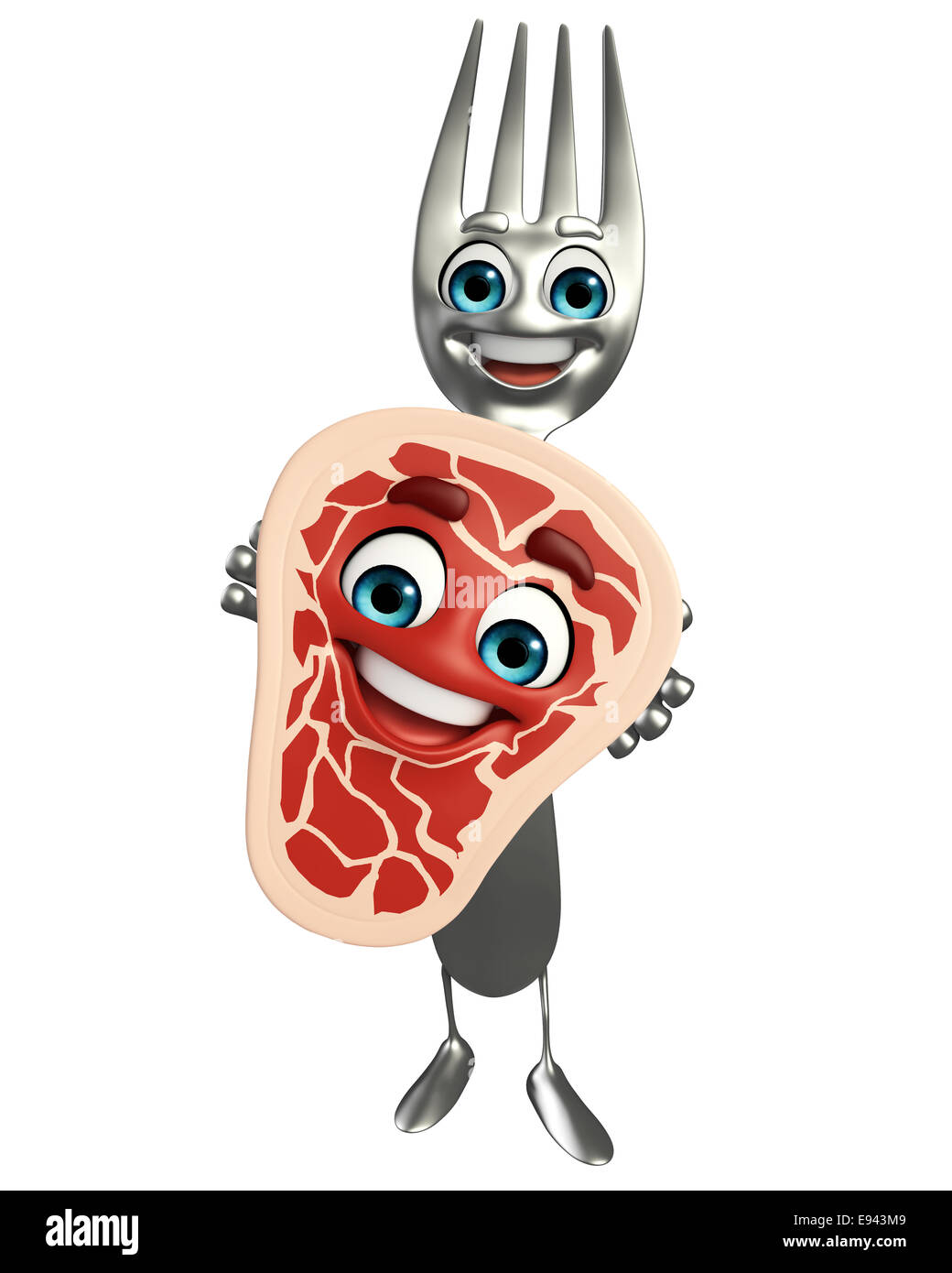 Cartoon character of fork with meat steak Stock Photo - Alamy