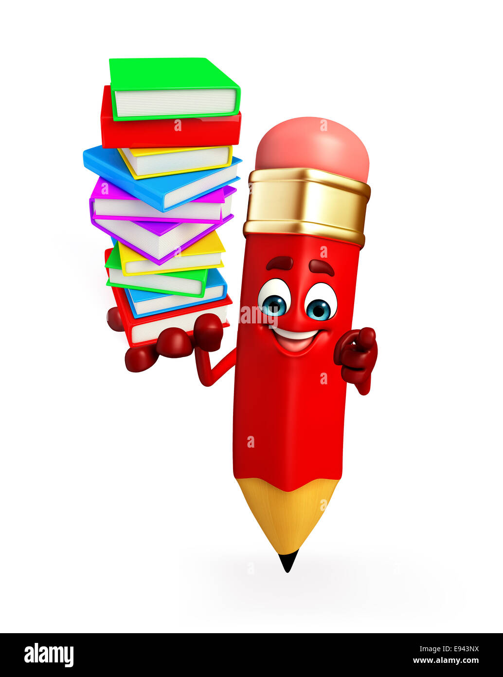 Cartoon Character of pencil with Books pile Stock Photo - Alamy