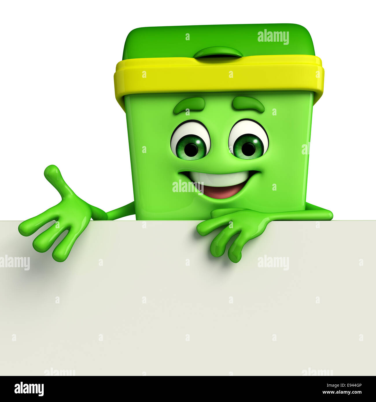 Cartoon Character of Dustbin with sign Stock Photo - Alamy