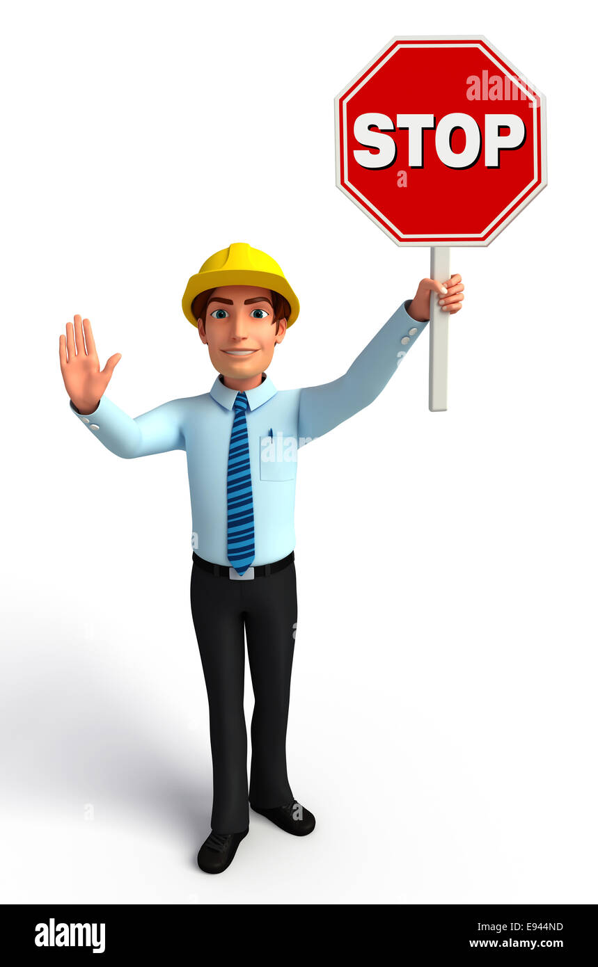 Illustration of service man with Stop sign Stock Photo - Alamy