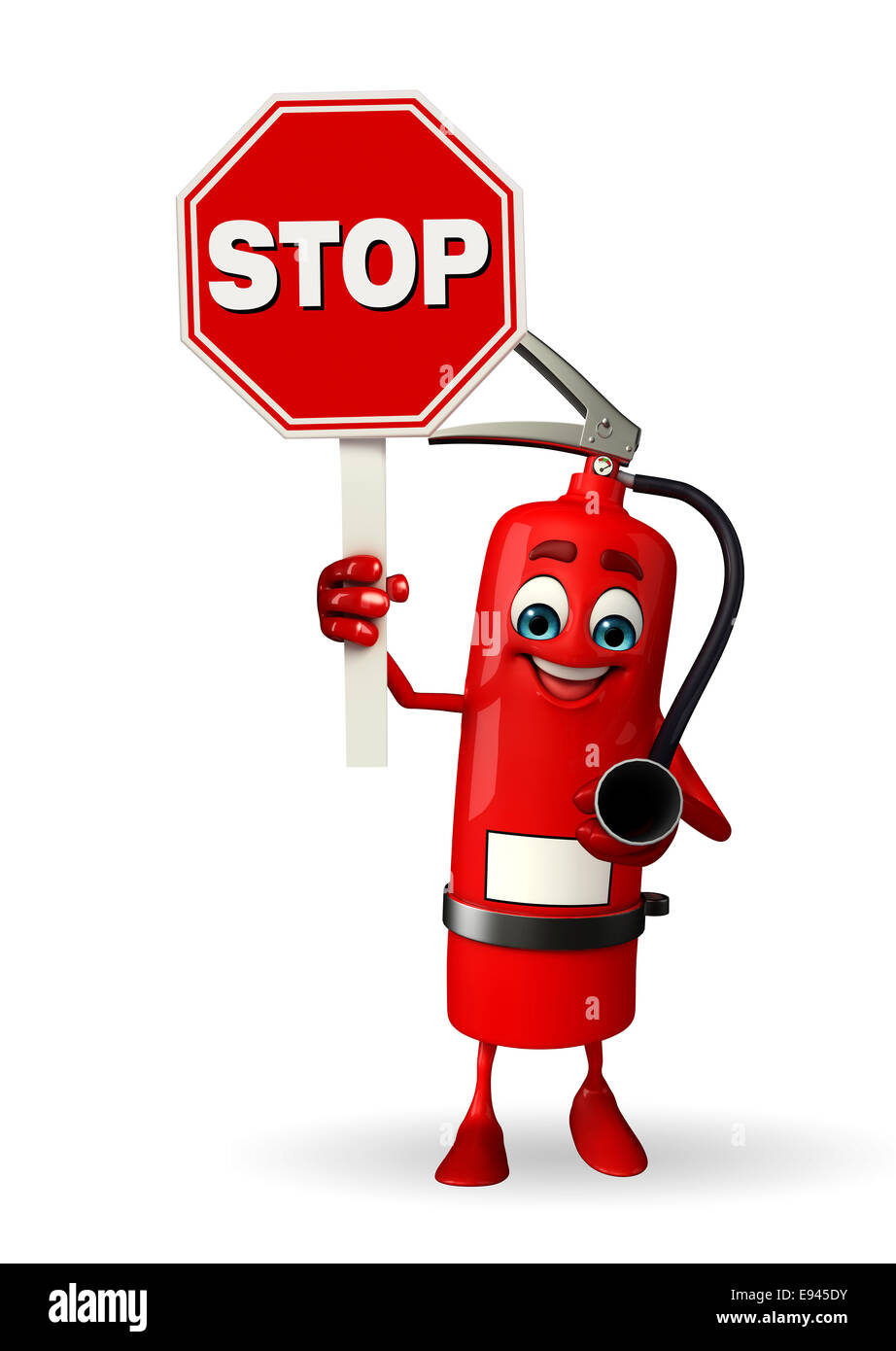 Cartoon Character of fire extinguisher with stop sign Stock Photo - Alamy