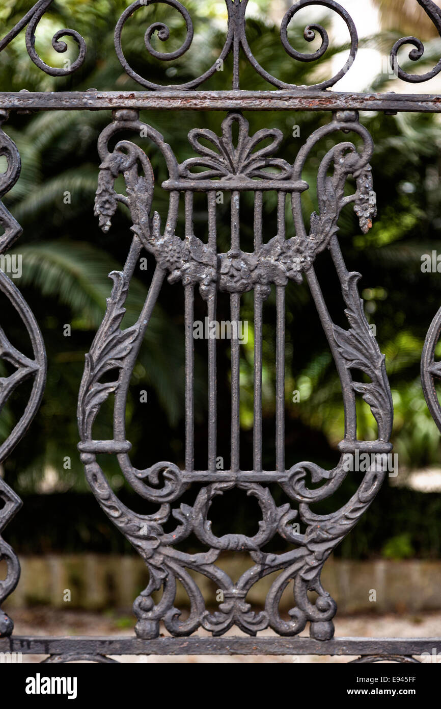 Decorative ironwork lyre design on a gate in historic Charleston, SC ...