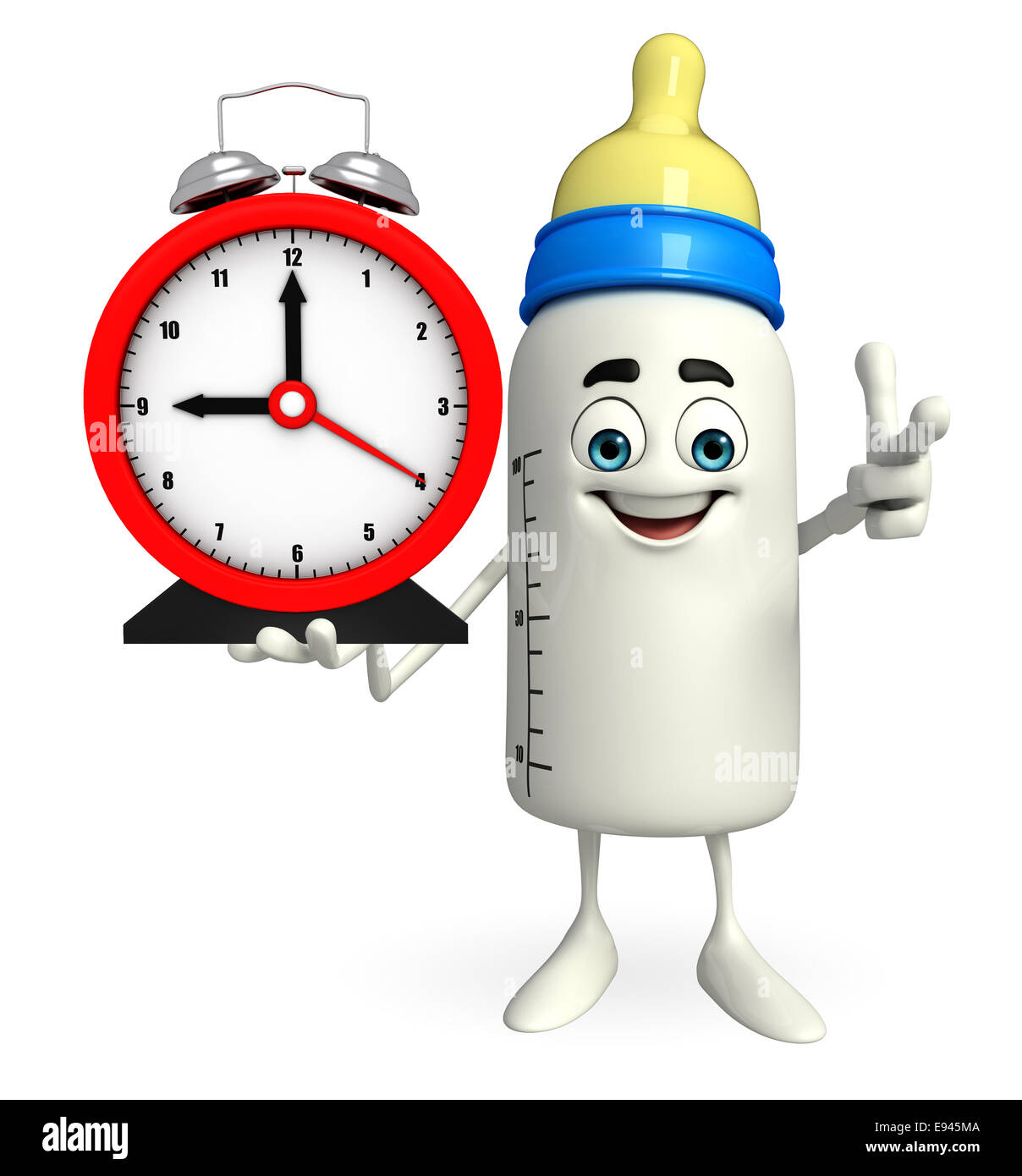 Cartoon Character of baby bottle with table clock Stock Photo - Alamy