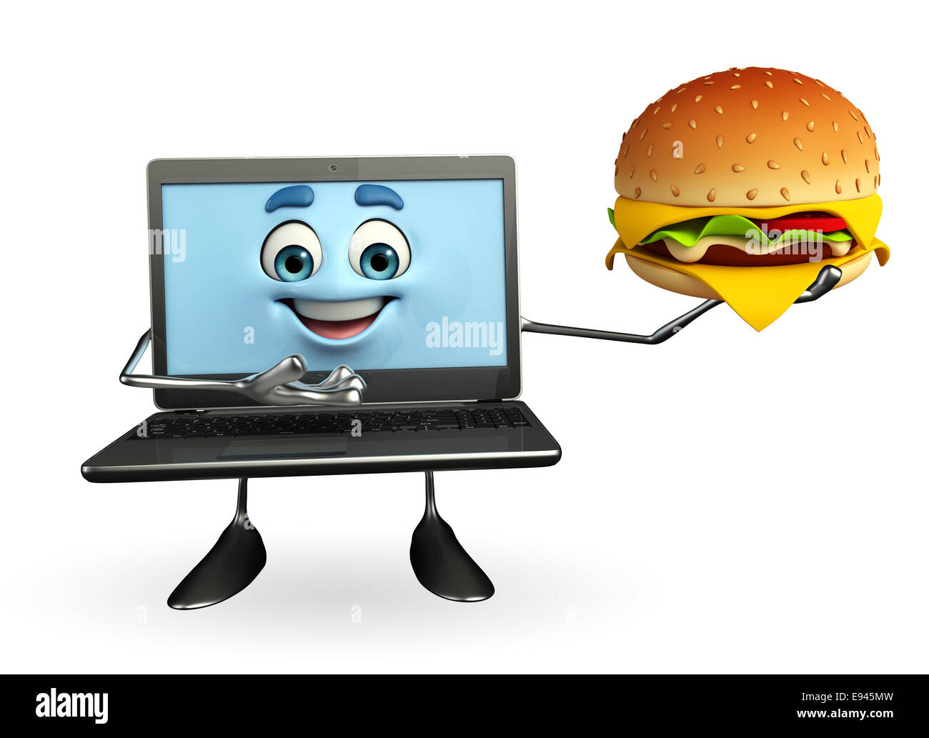 Cartoon character of Laptop with burger Stock Photo - Alamy