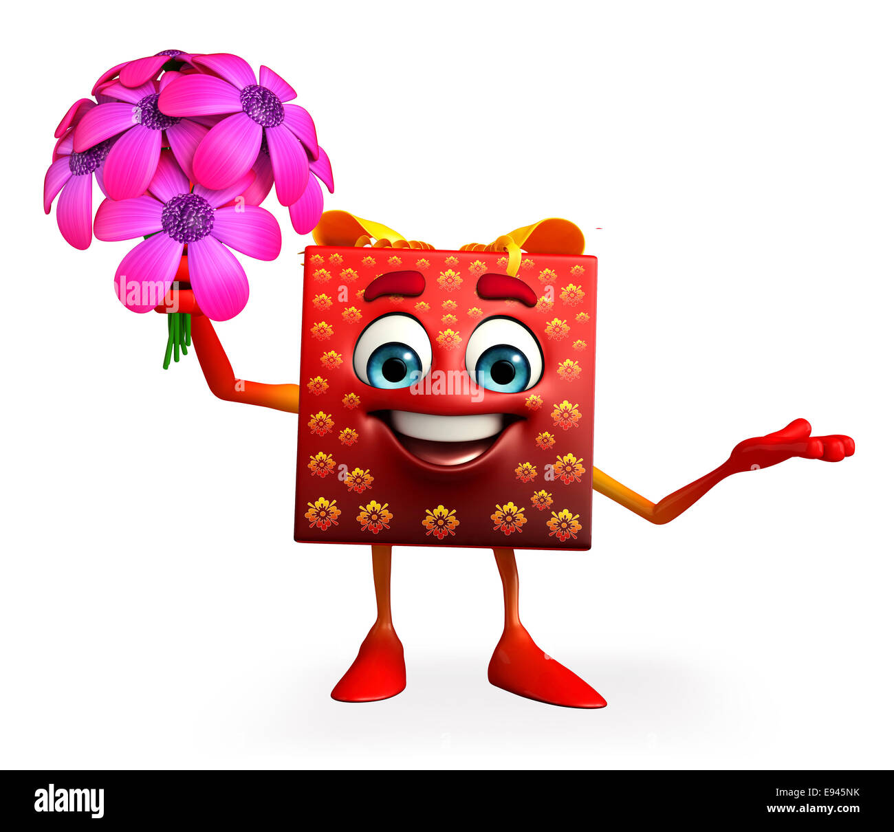 Cartoon Character of gift box with flowers Stock Photo - Alamy