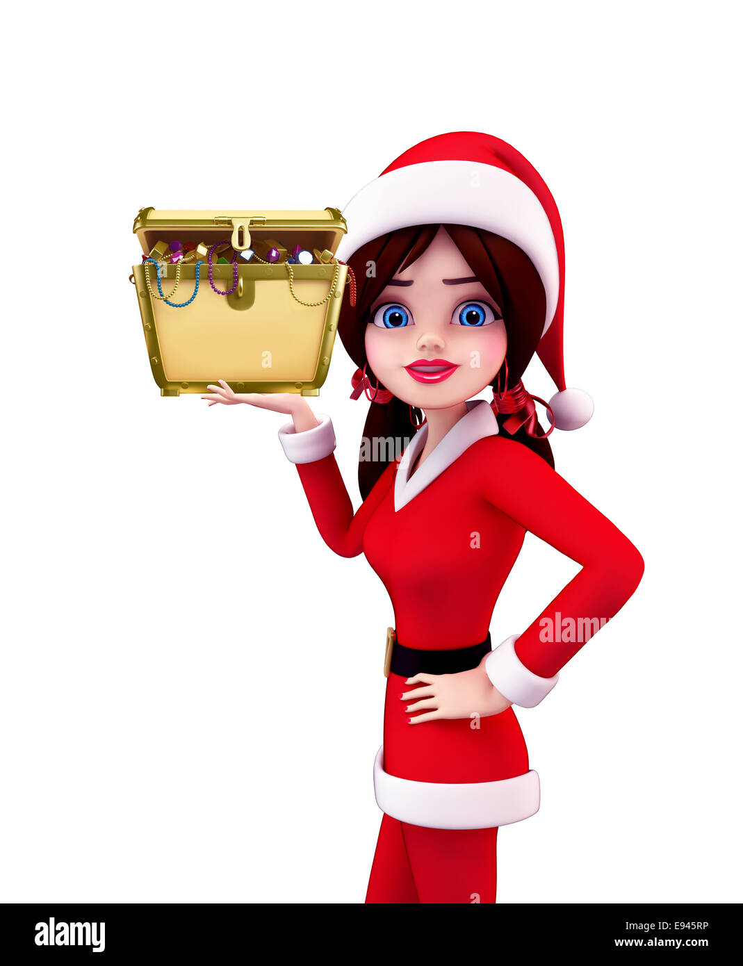 Illustration of santa girl with treasure box Stock Photo - Alamy