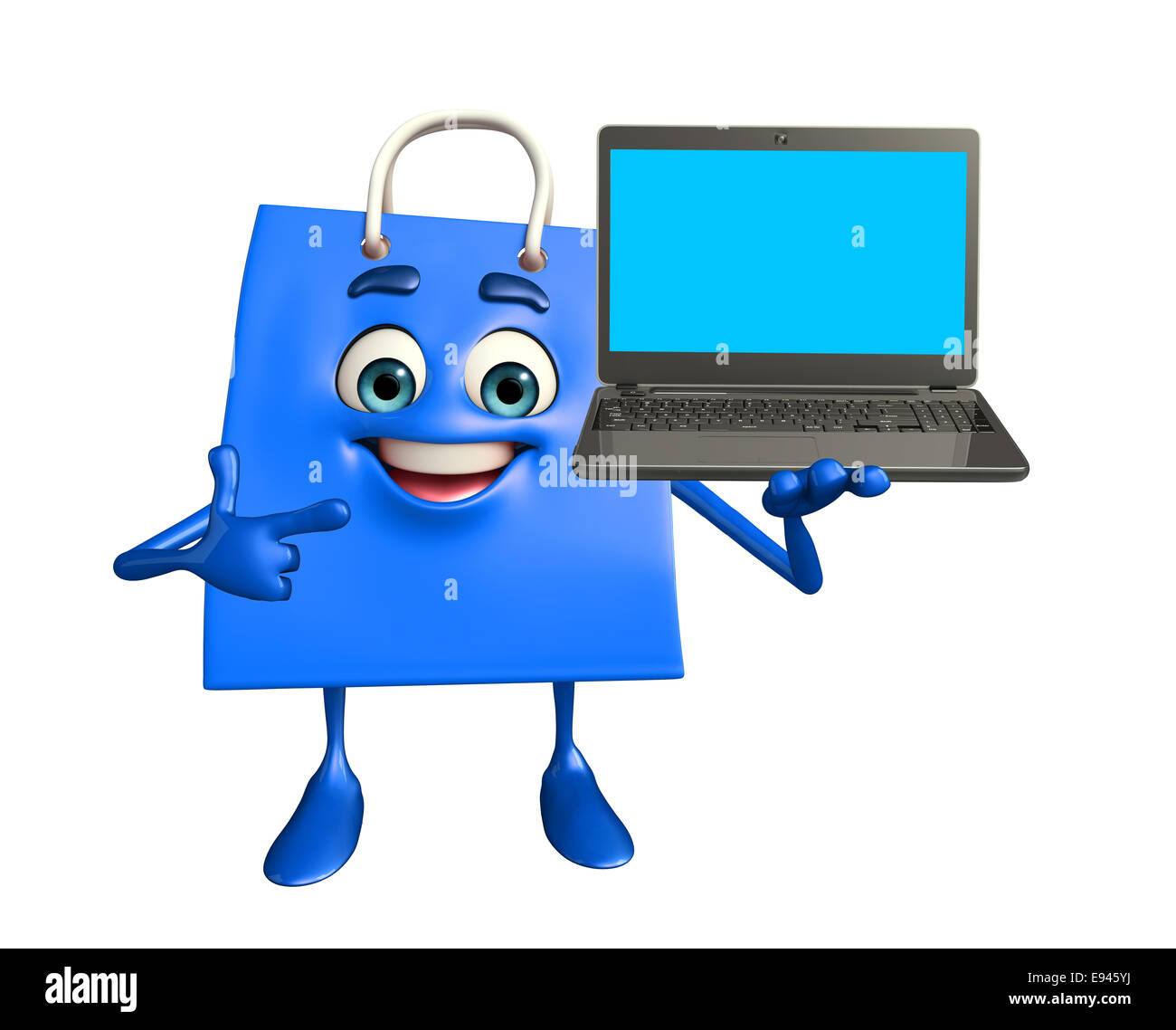 Cartoon Character of shopping bag with Laptop Stock Photo - Alamy