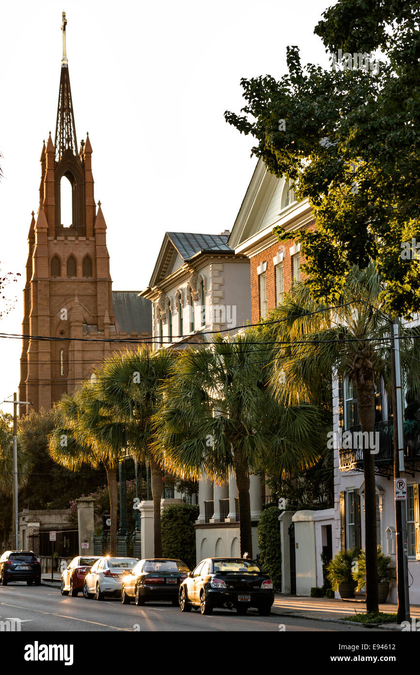 Sunset along Broad Street with the Cathedral of St. John the Baptist in ...