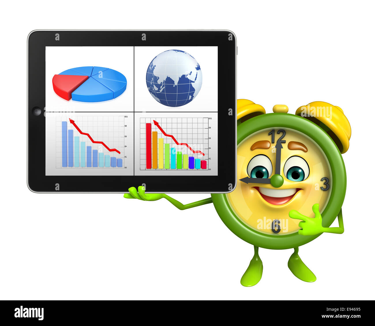 Cartoon Character of table clock with business graph Stock Photo - Alamy