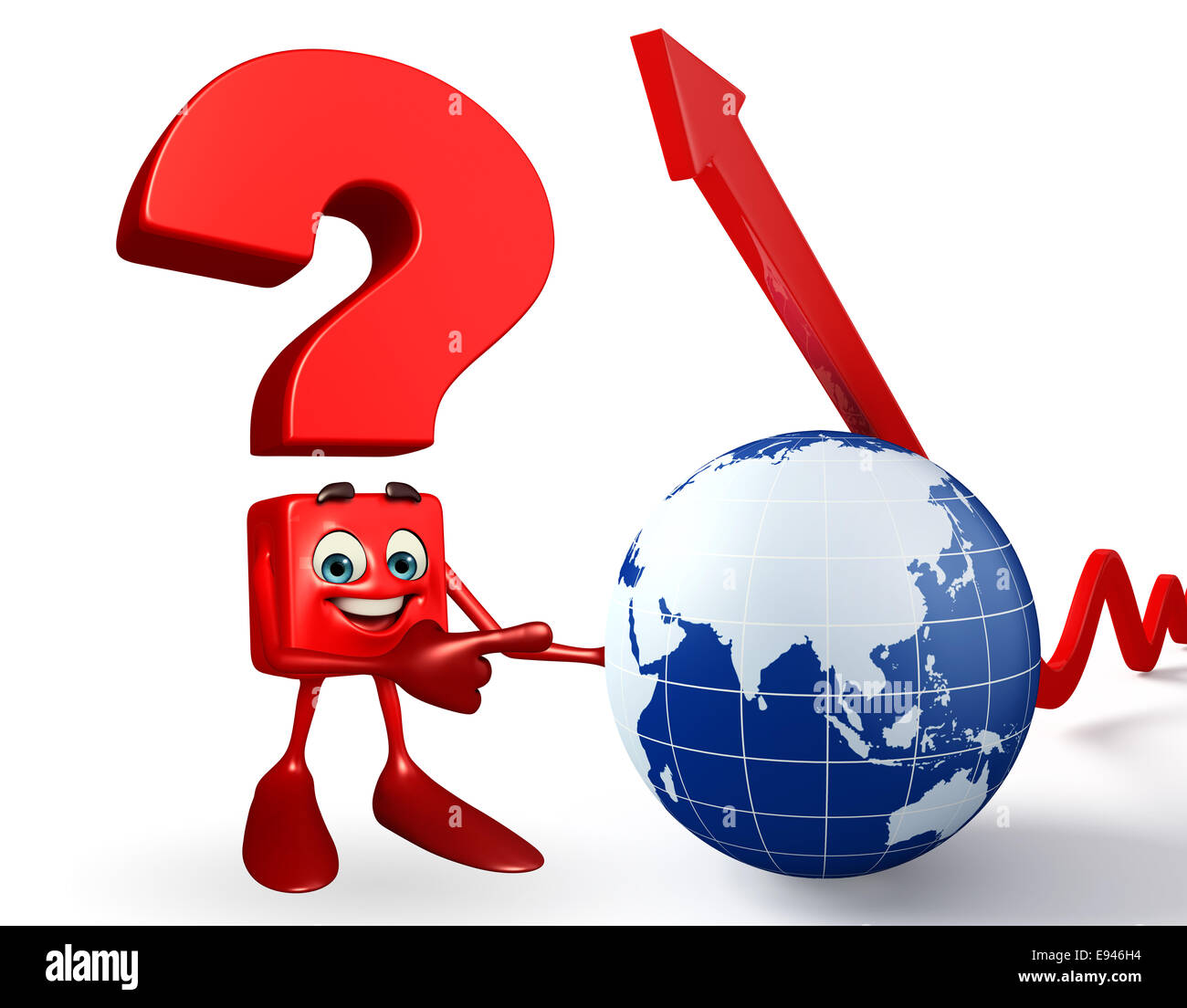 Cartoon Character of Question Mark with globe and Arrow Stock Photo - Alamy