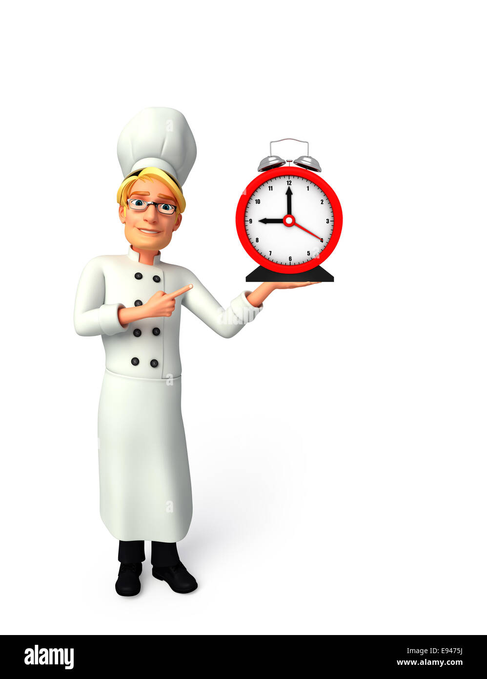 Illustration of young chef with table clock Stock Photo - Alamy