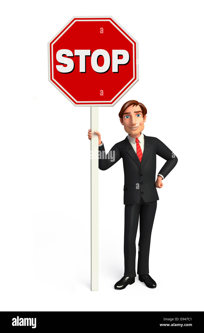 Illustration of Young Business Man with Stop sign Stock Photo - Alamy