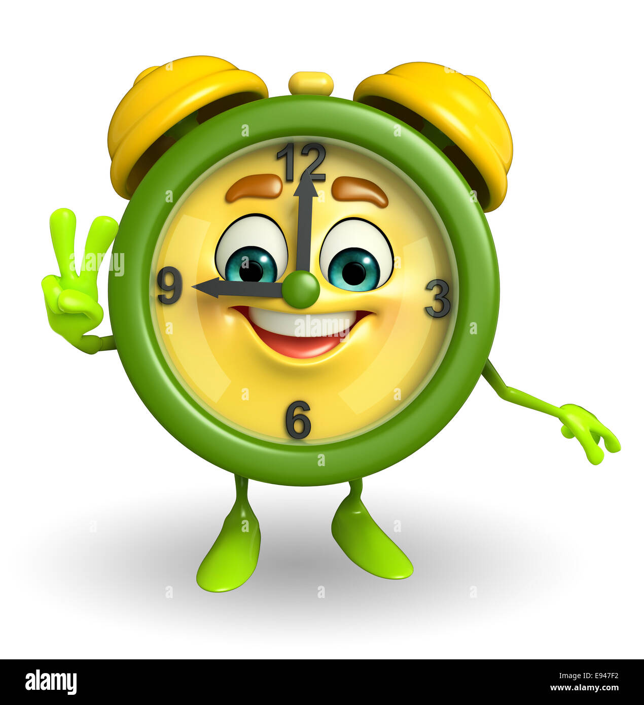 Cartoon Character of table clock with victory sign Stock Photo - Alamy