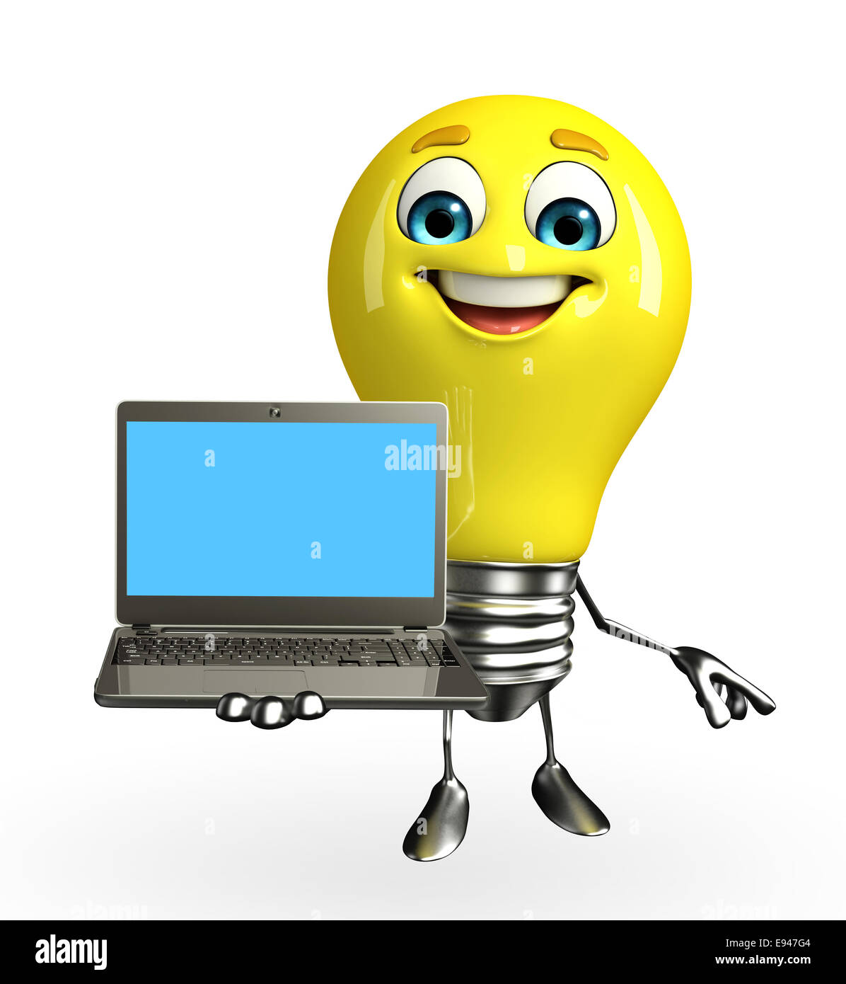Cartoon Character of light bulb with laptop Stock Photo - Alamy