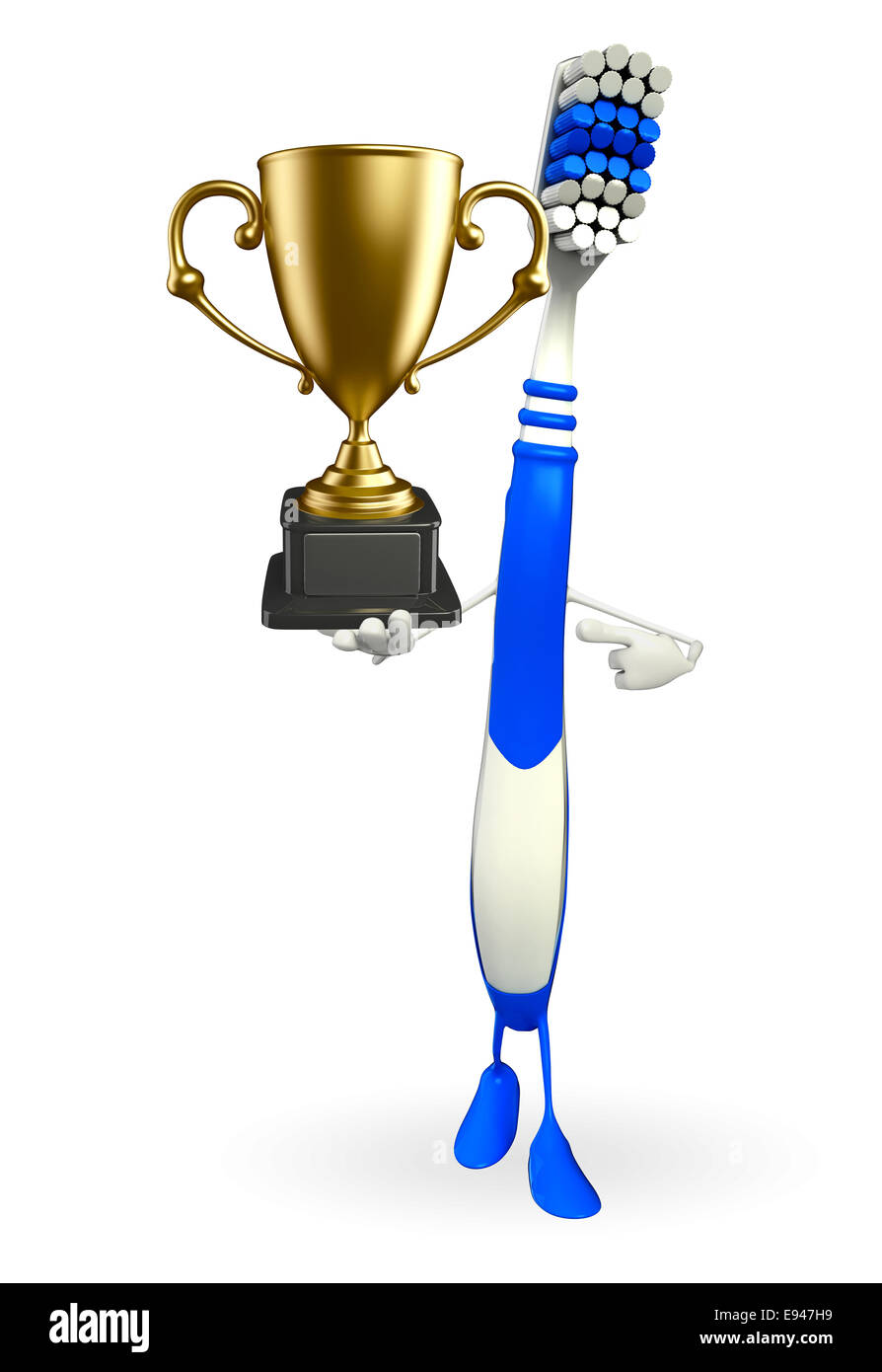 Cartoon Character of toothbrush with trophy Stock Photo - Alamy