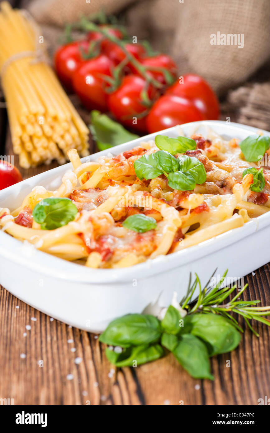 Homemade Pasta Bake (with Macaroni) on wooden background Stock Photo ...
