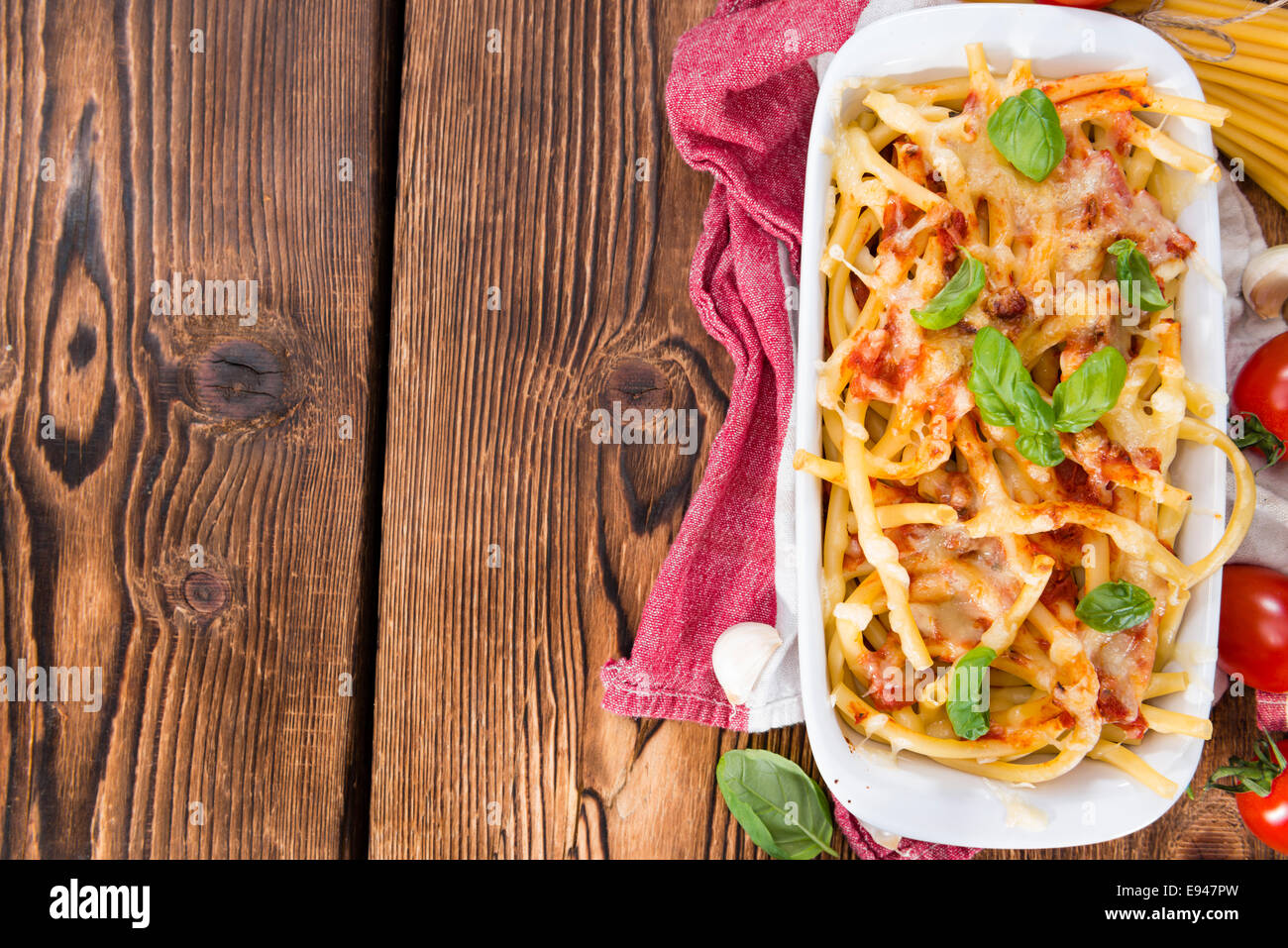 Homemade Pasta Bake (with Macaroni) on wooden background Stock Photo ...