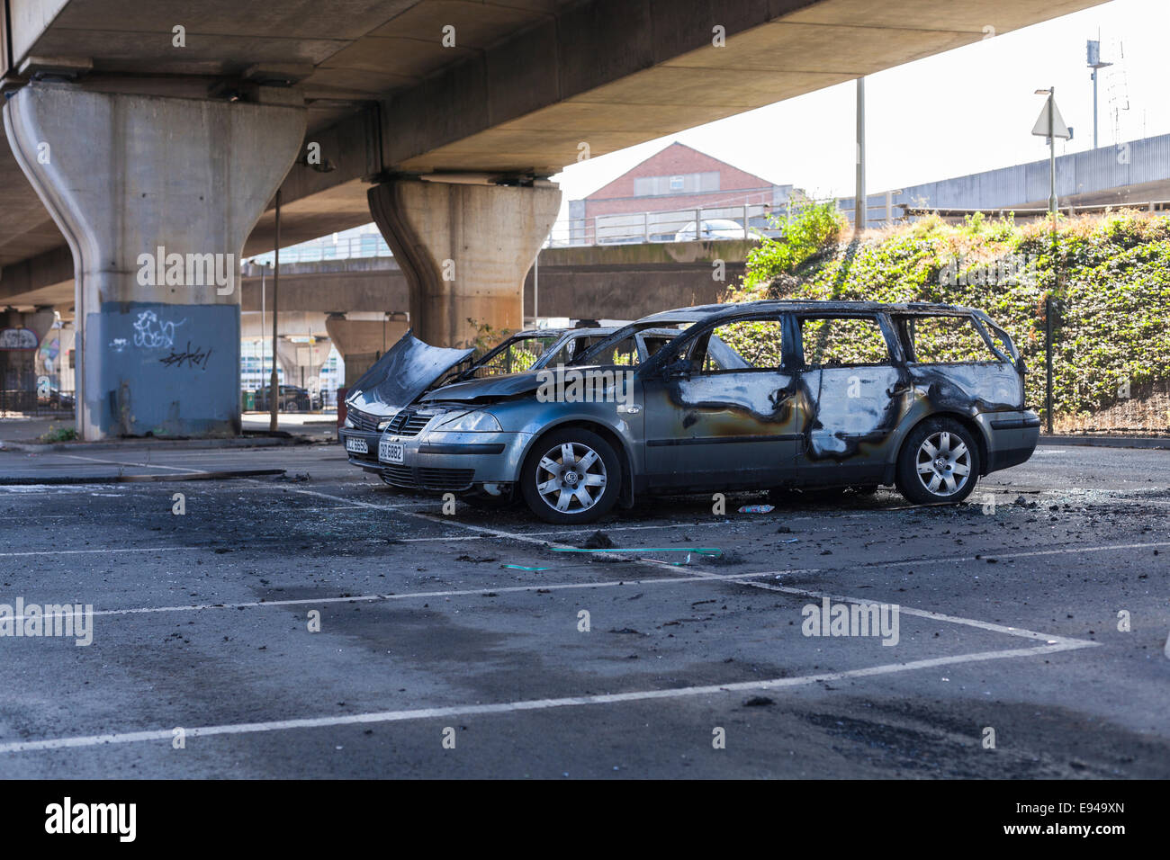 Two burned out cars in a car park at Corporation Street, Belfast ...