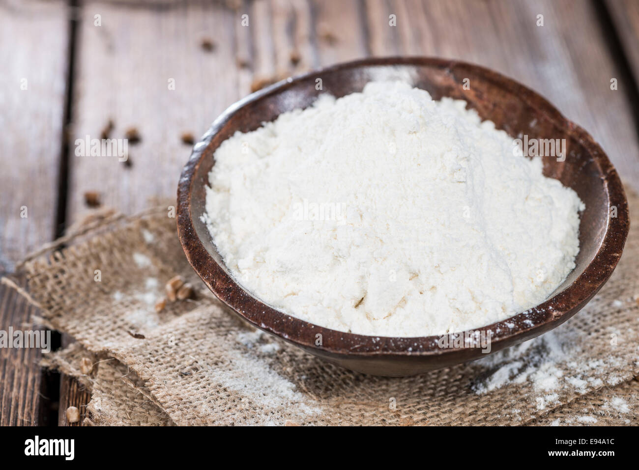 Wheat Flour (small portion) on dark vintage wooden background Stock ...