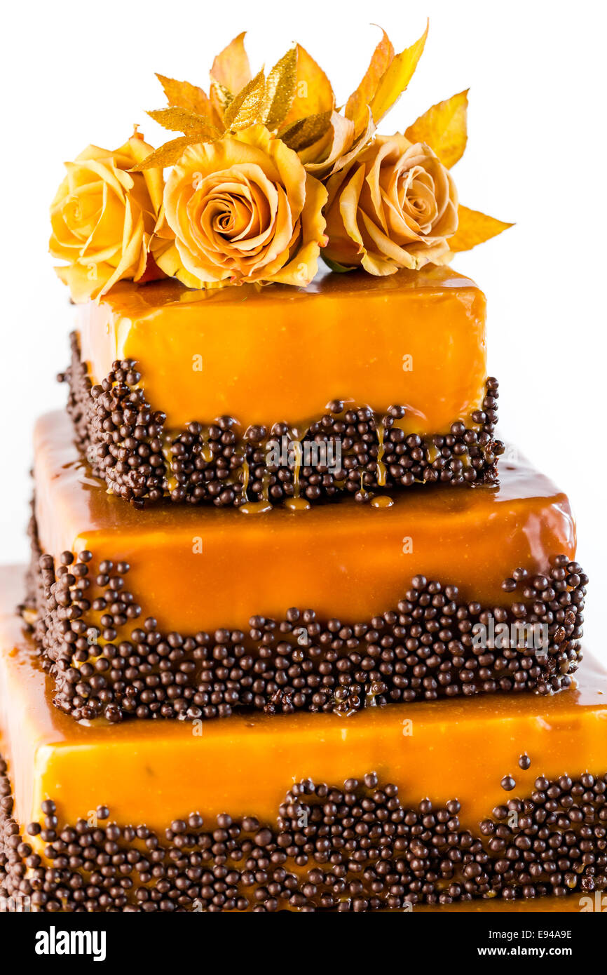 Gourmet tiered wedding cake as centerpiece at the wedding reception ...