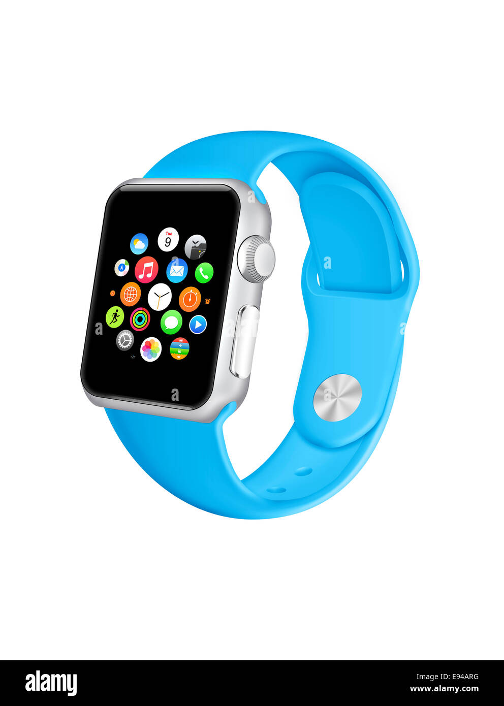 Apple watch sport, blue band, displaying icons (home screen), digitally ...