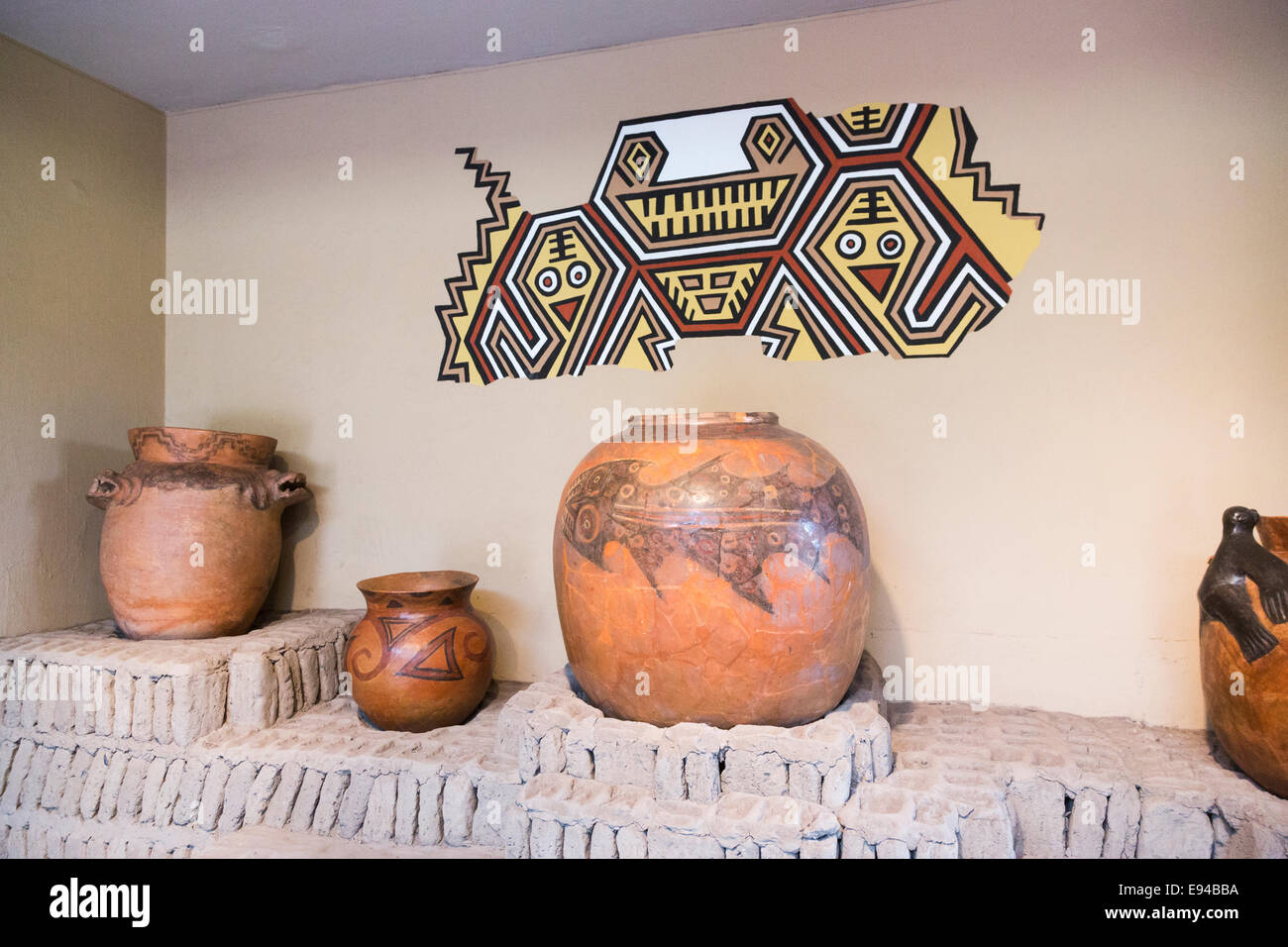 Ancient pre-Inca Lima Culture pottery and ceramics on adobe bricks at ...