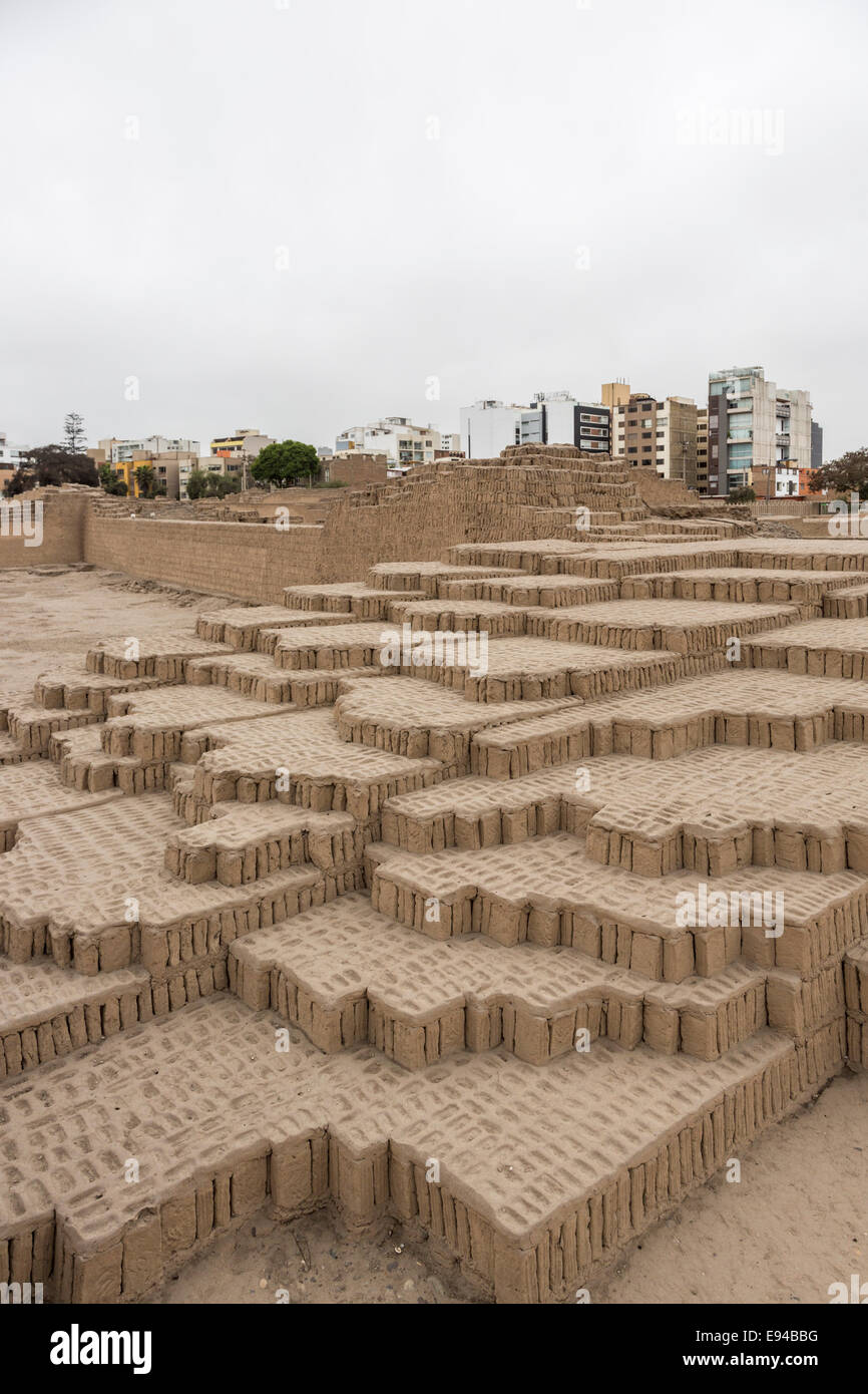 Adobe brick steps at the pre-Inca Lima Culture pyramid at Huaca ...