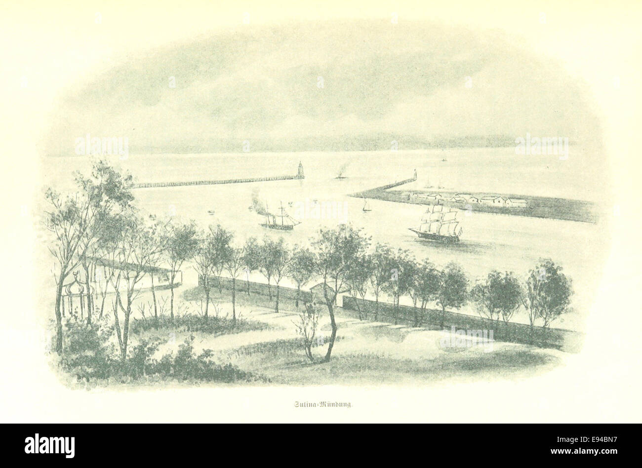 An illustration from a vintage map depicting the Danube River Delta ...