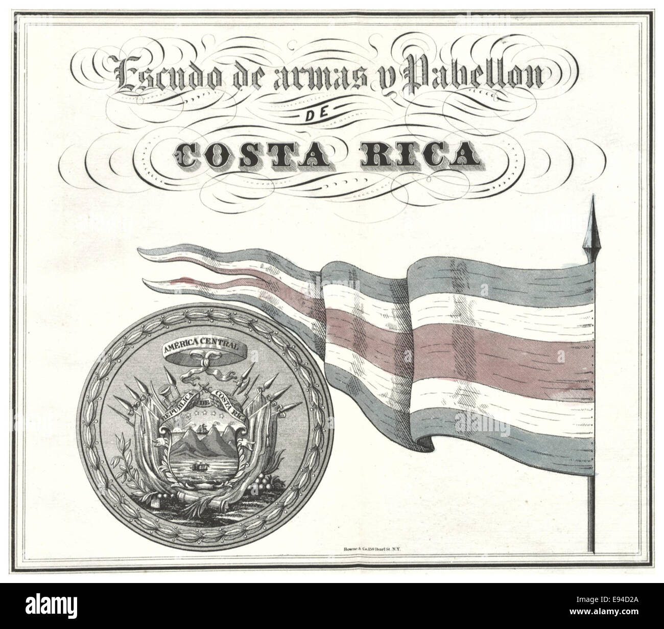 An illustration of the coat of arms and flag of Costa Rica, depicting ...